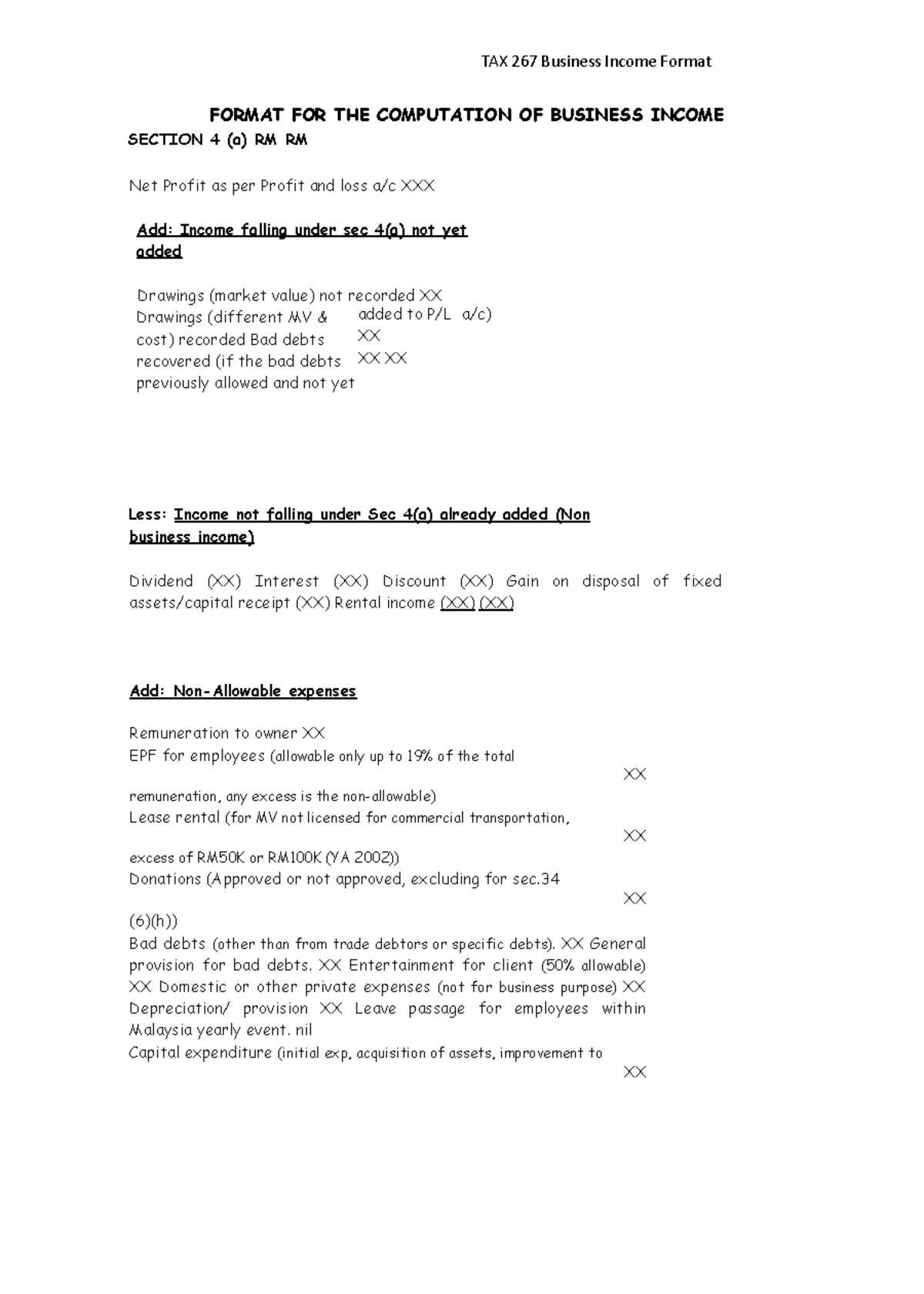 TAX 267 Business Income Format & Computation Guidelines - Studocu