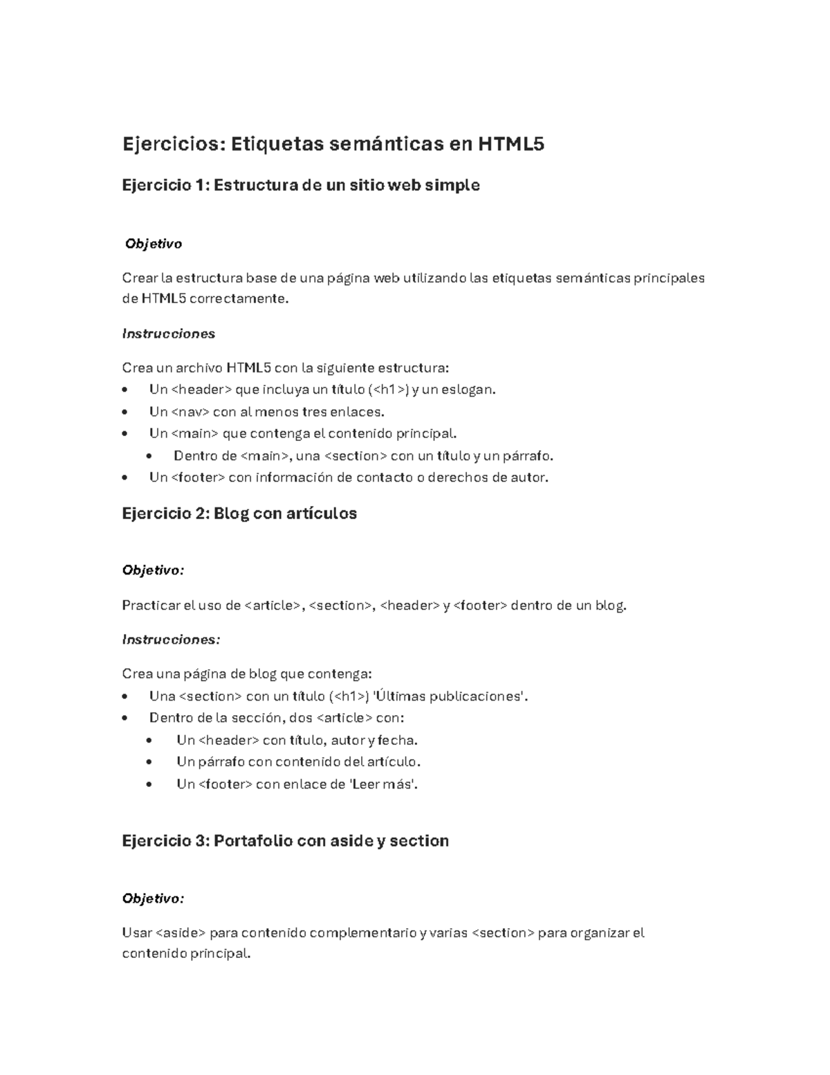 Ejercicios de HTML5 Semántica: Estructura y Prácticas - Studocu