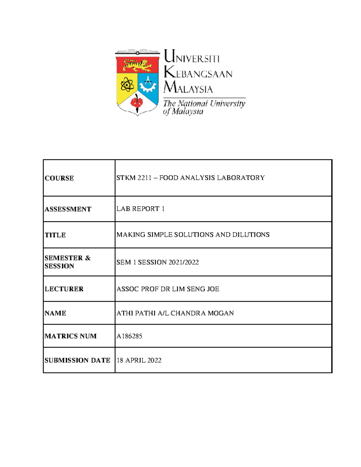 STKM 2211 Lab Report 1: Making Simple Solutions & Dilutions - Studocu