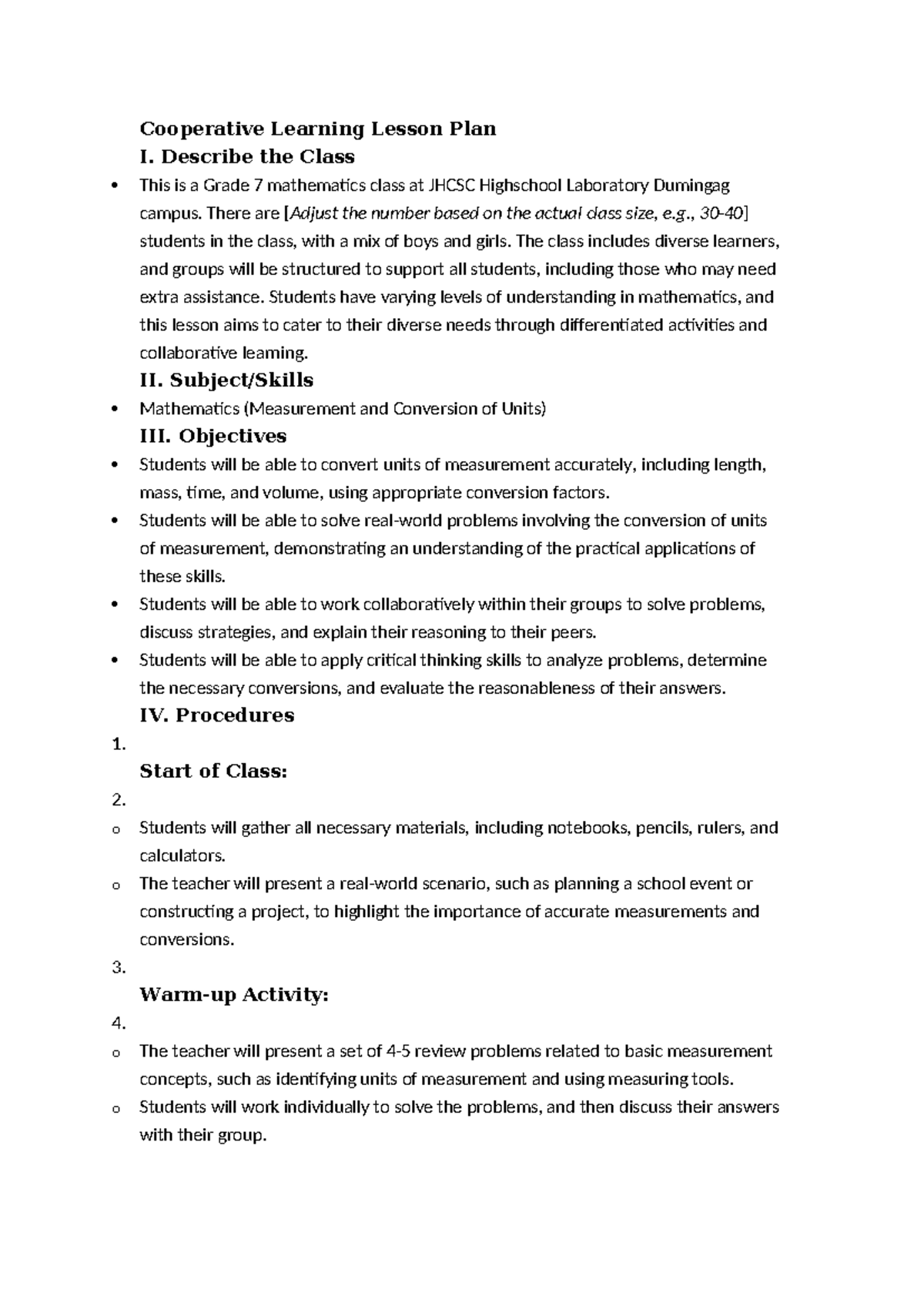 Cooperative Learning Lesson Plan: Grade 7 Math (Measurement ...