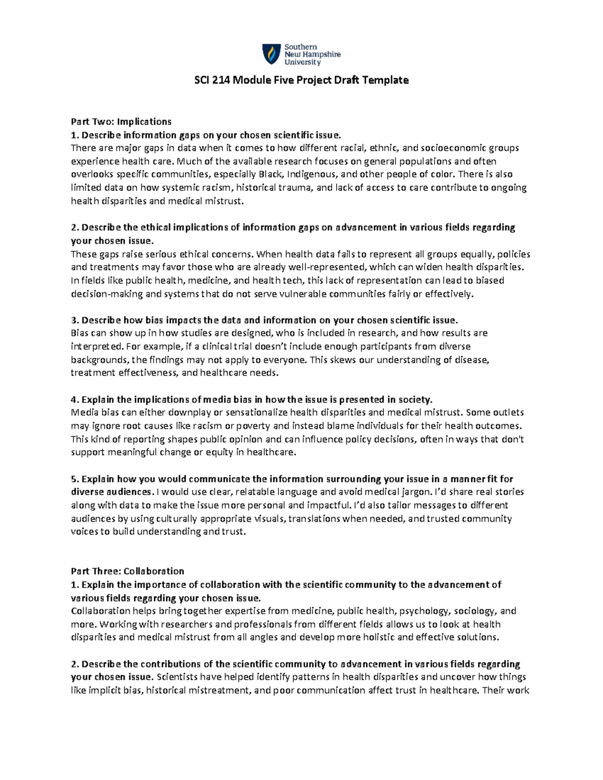SCI 214 Module Five Project Draft: Addressing Health Disparities - Studocu