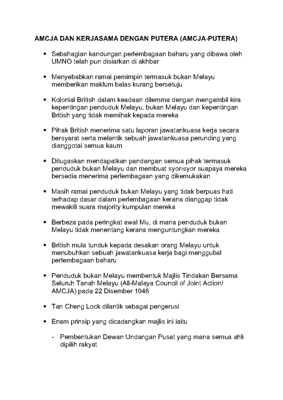 AMCJA-PUTERA: Analisis Perlembagaan dan Respons Kaum di Malaya - Studocu
