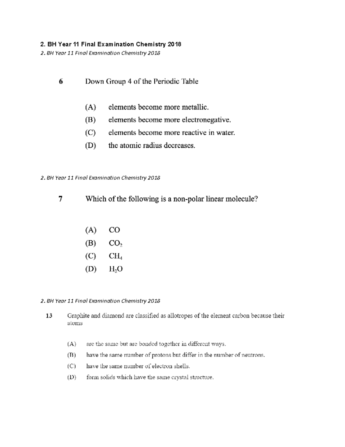 Year 11 Chemistry Final Exam Questions (2018 & 2020) - Studocu