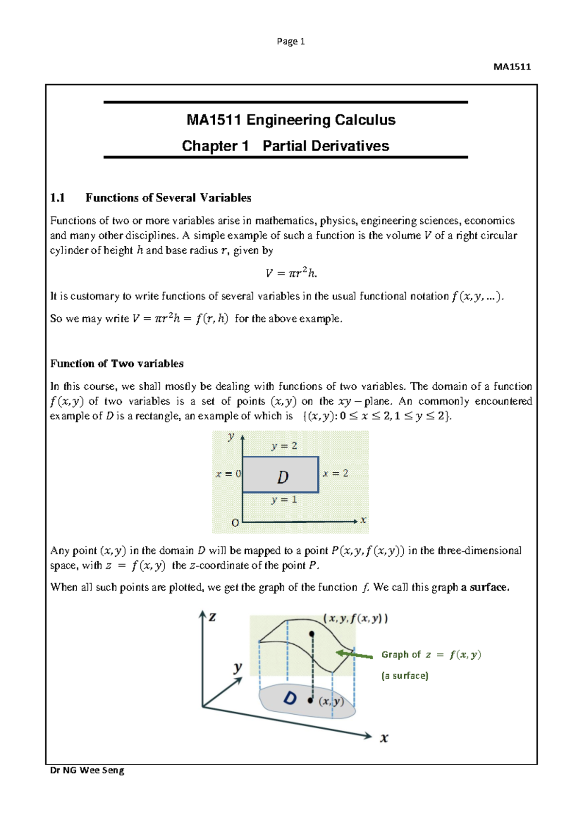 MA1511 2021S2 Engineering Calculus Chapter 1: Partial Derivatives - Studocu