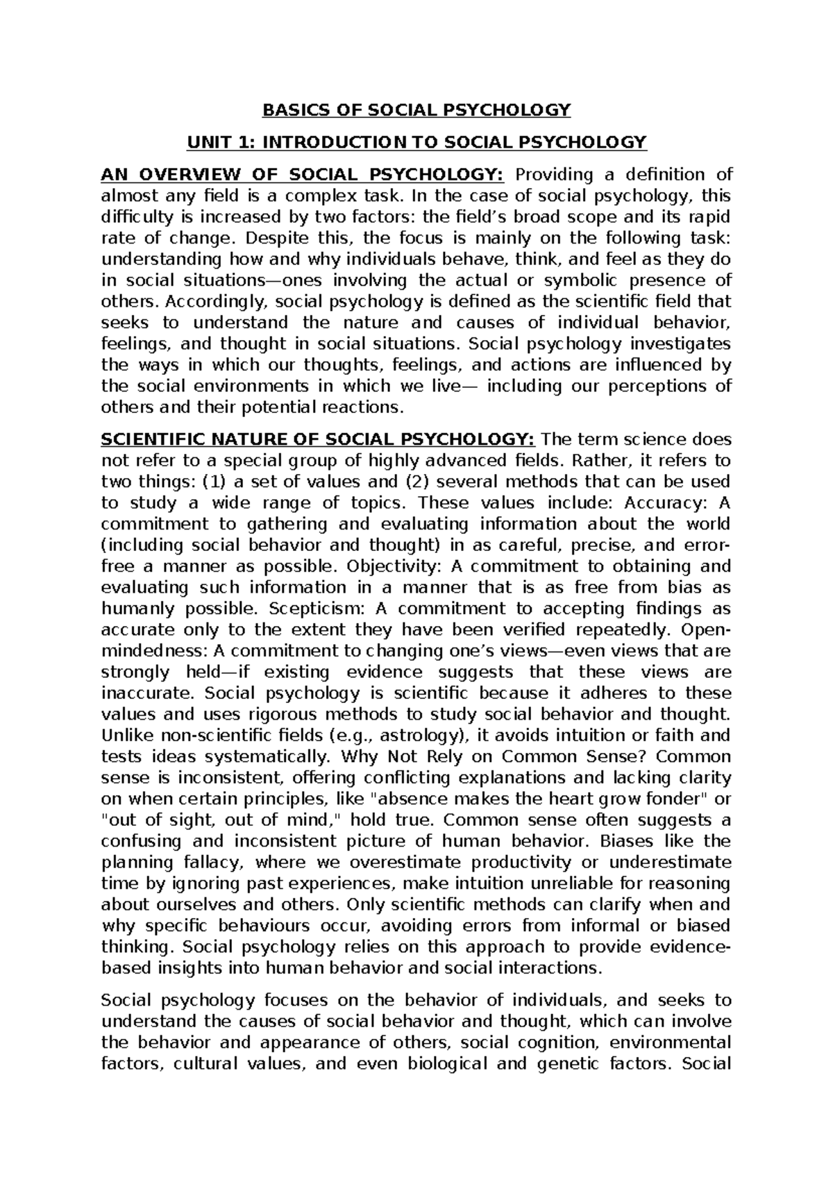 BASICS OF SOCIAL PSYCHOLOGY UNIT 1: INTRODUCTION & OVERVIEW - Studocu
