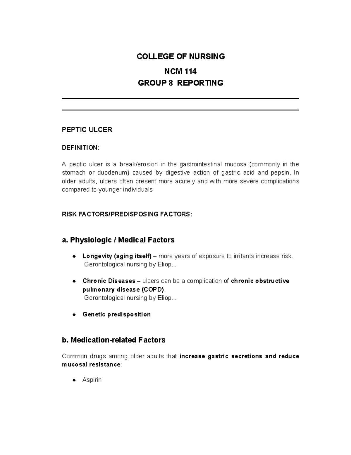 NCM 114 Peptic Ulcer Report Notes: Risk Factors & Treatments - Studocu