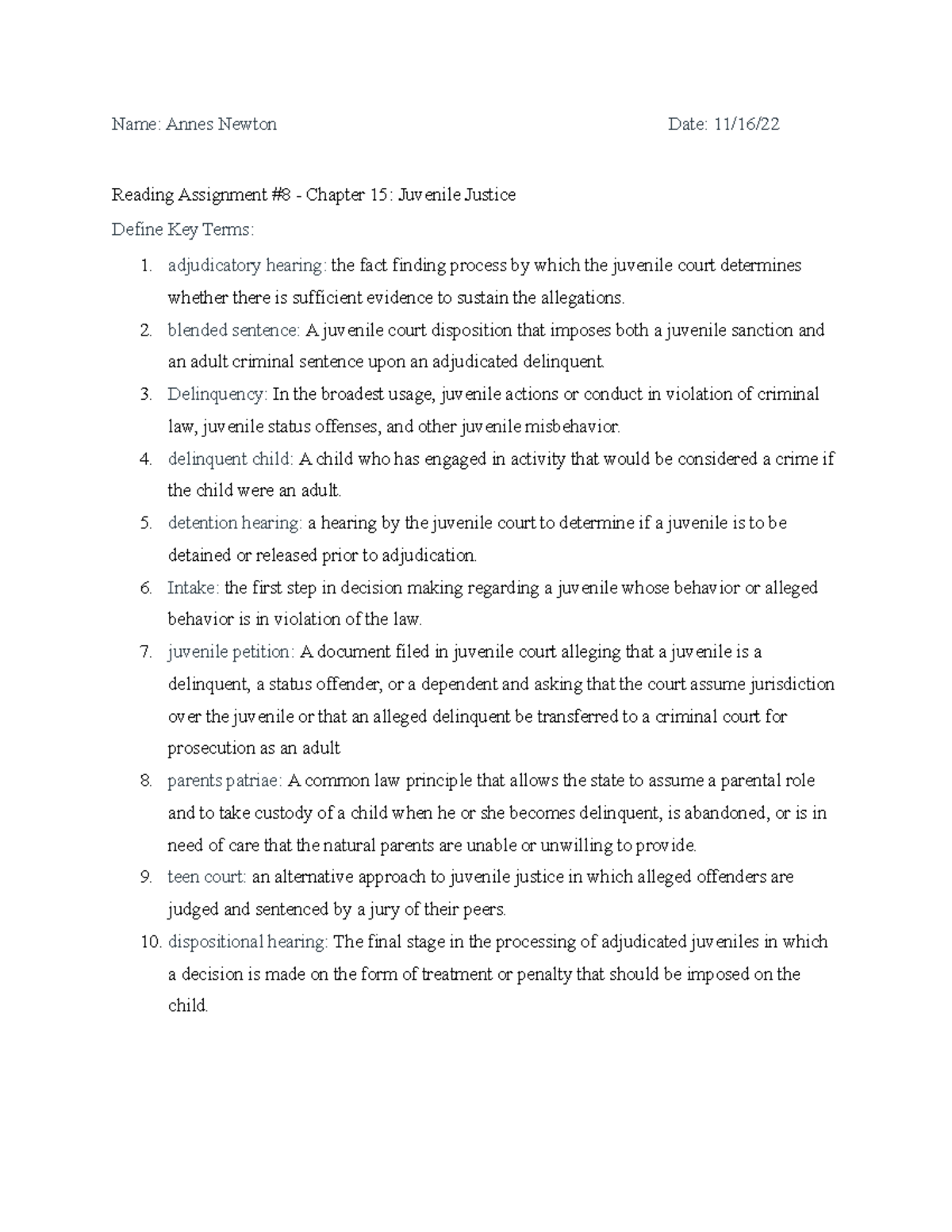 Juvenile Justice: Chapter 15 Reading Assignment #8 Insights - Studocu