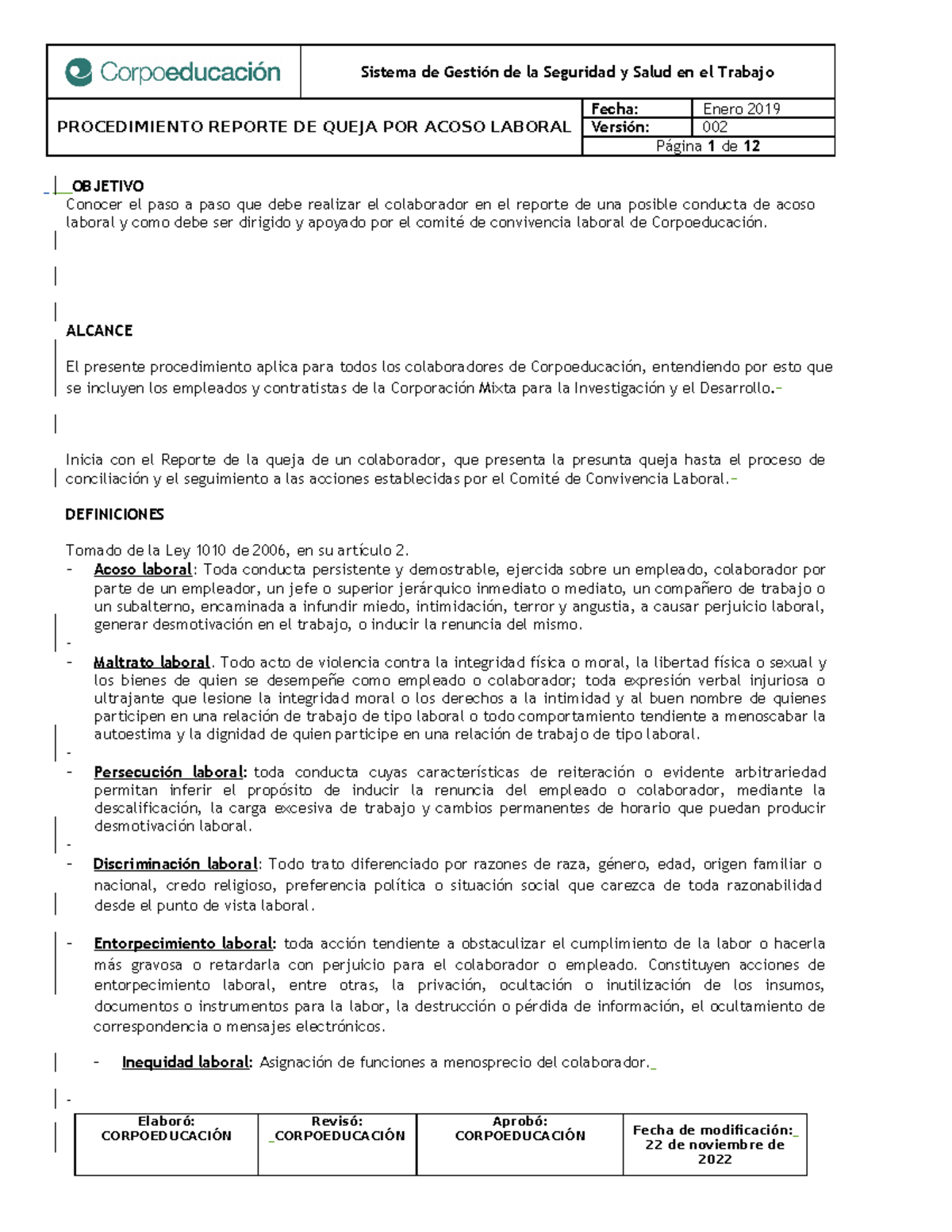 Procedimiento para Reportar Acoso Laboral - CORPOEDUCACIÓN 2019 - Studocu
