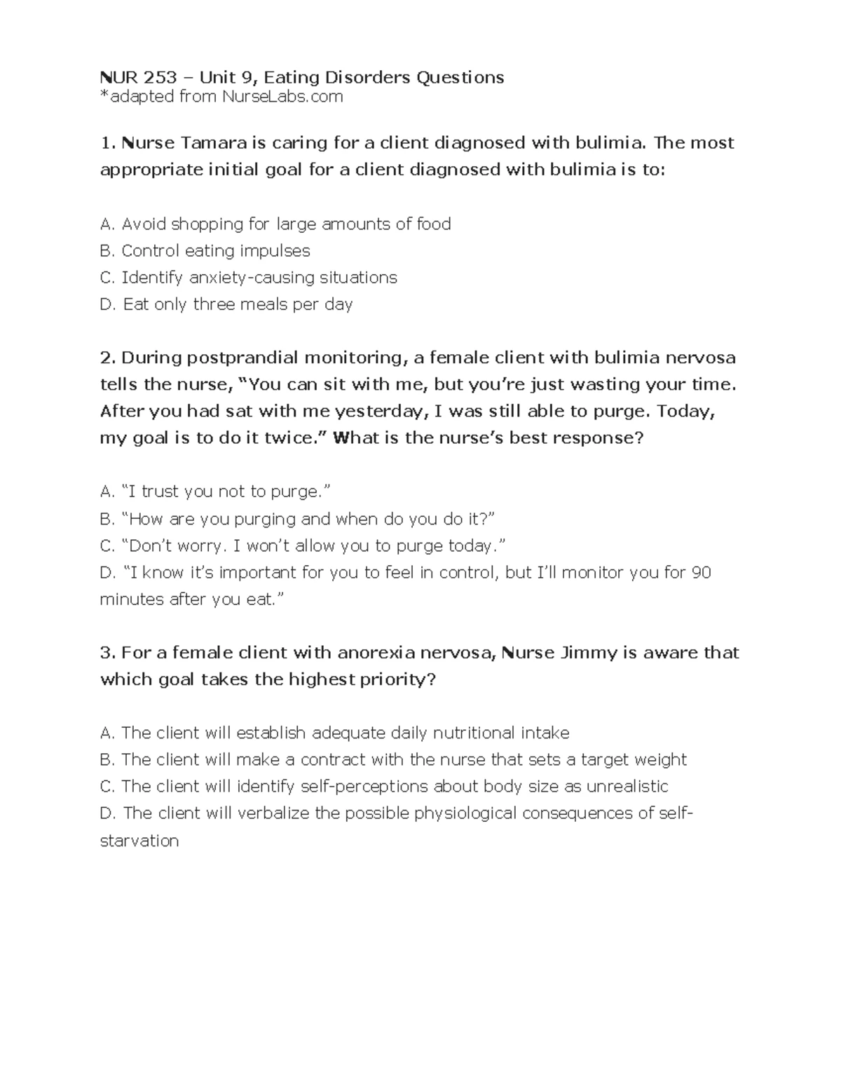 Unit 9 Eating Disorders Practice Nclex Questions with Answers ...