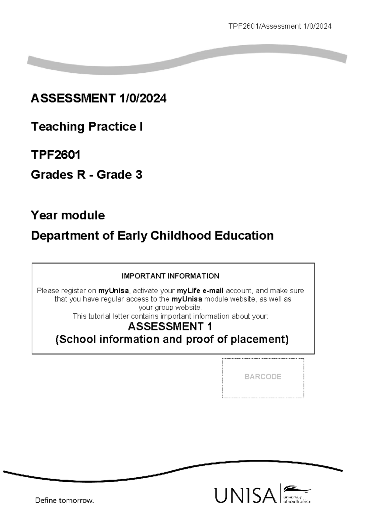 TPF2601 Teaching Practice I: Assessment 1 Guidelines and Requirements ...