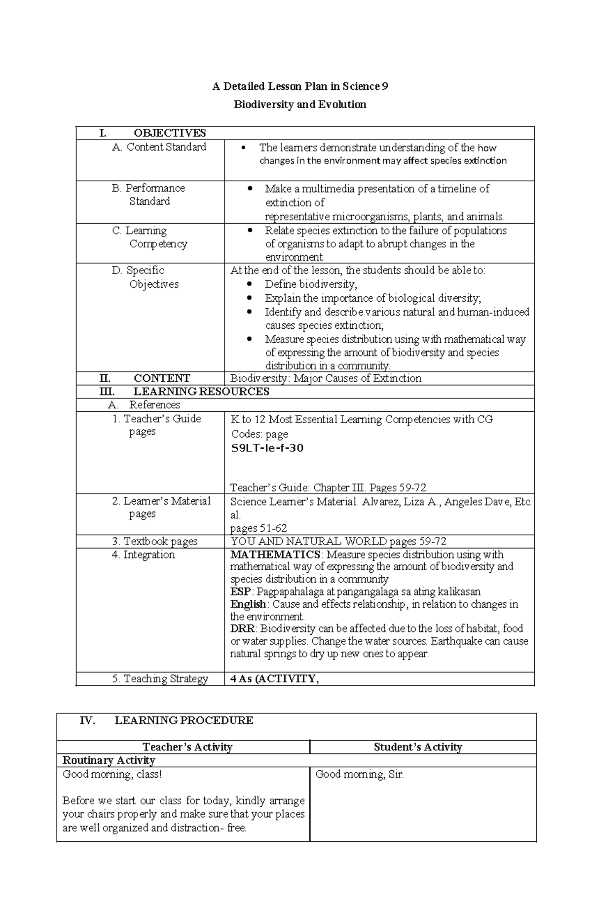 Lesson Plan: Biodiversity and Evolution (Science 9) - Studocu