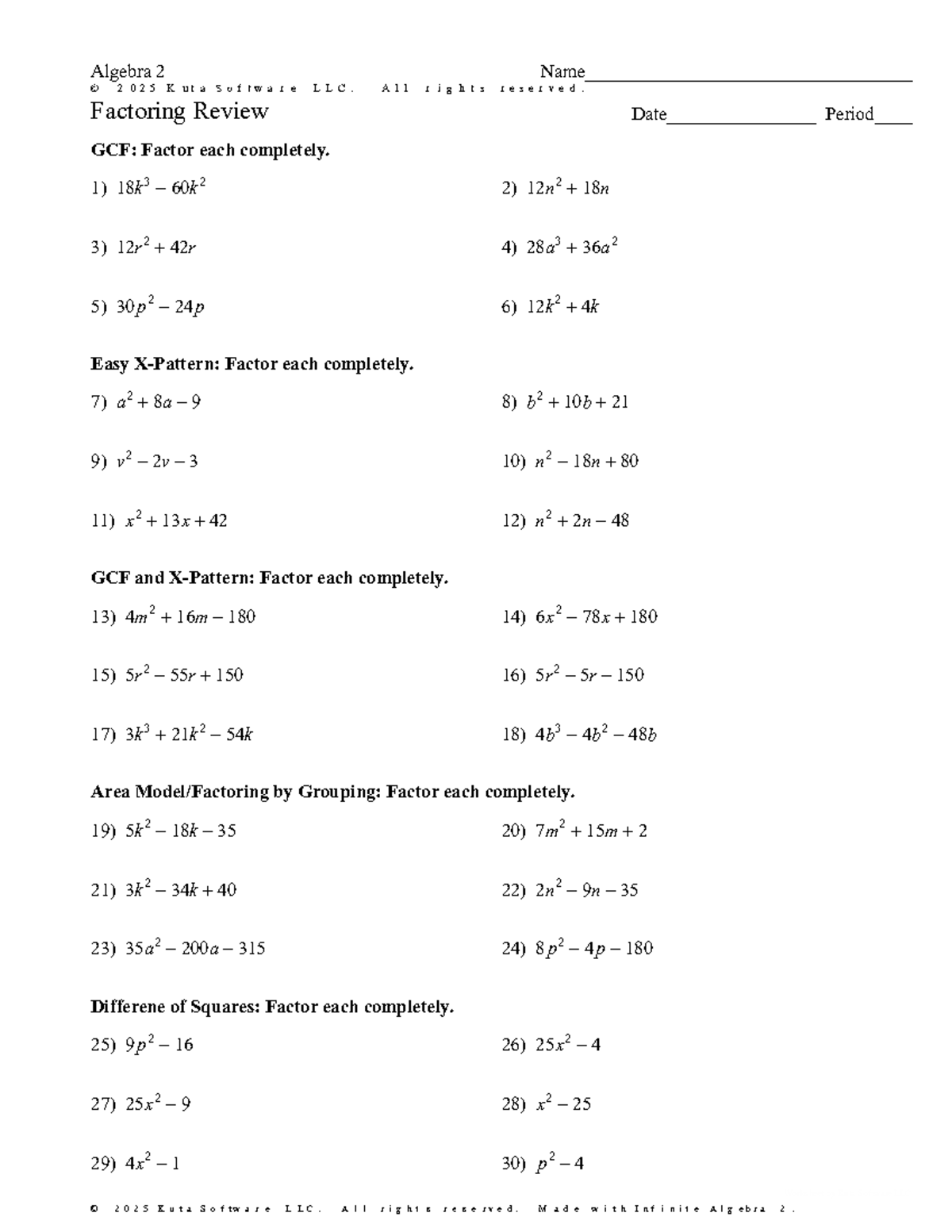Algebra 2 O2A0l2z5j - Factoring Review Worksheet & Answers - Studocu