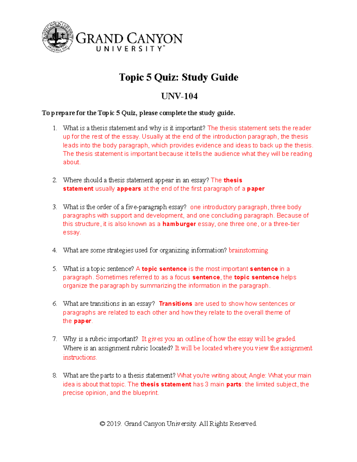 UNV-104-RS Topic 5 Quiz Study Guide with Essay Structure Tips - Studocu
