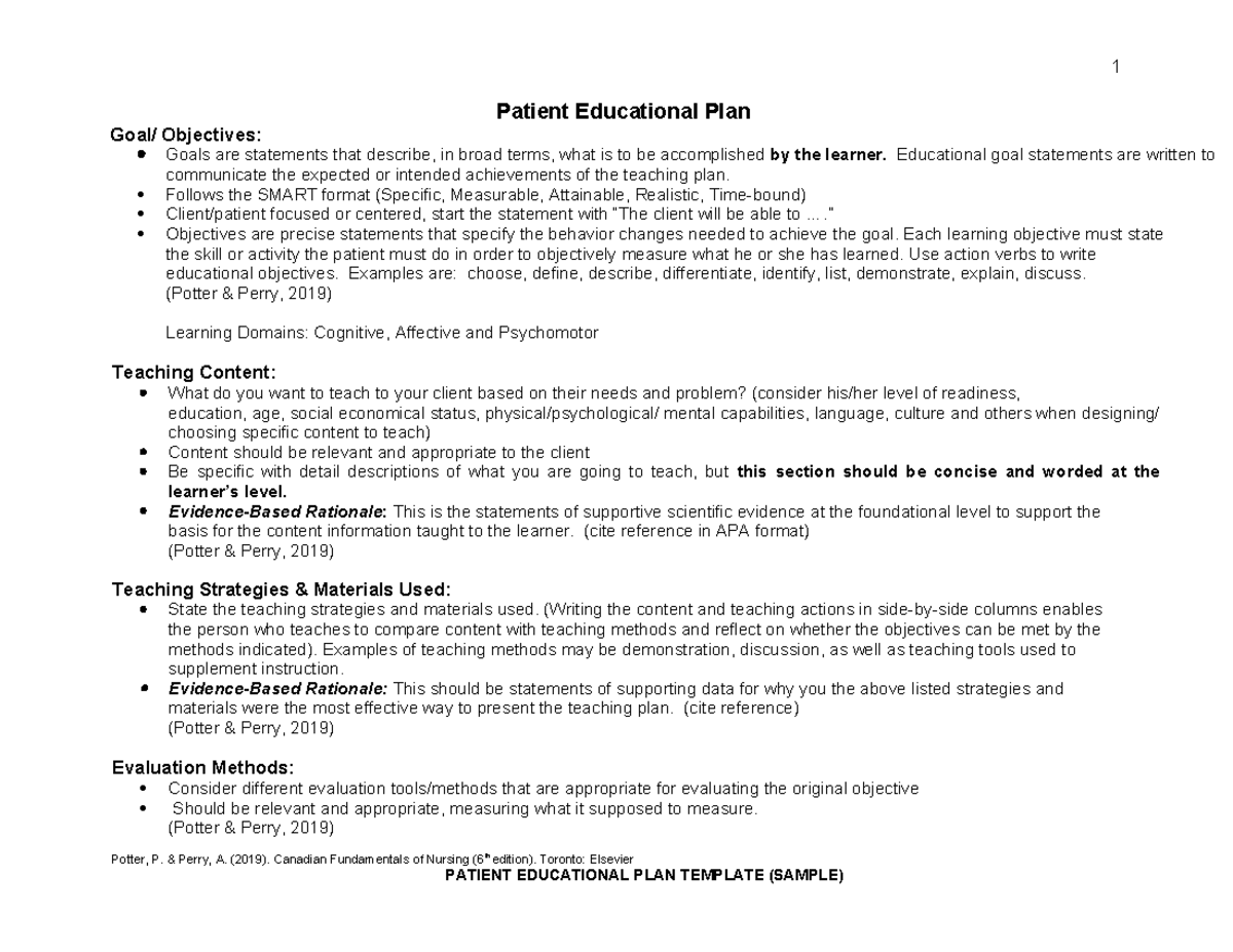 Patient Education Plan Template: Objectives & Strategies - Studocu