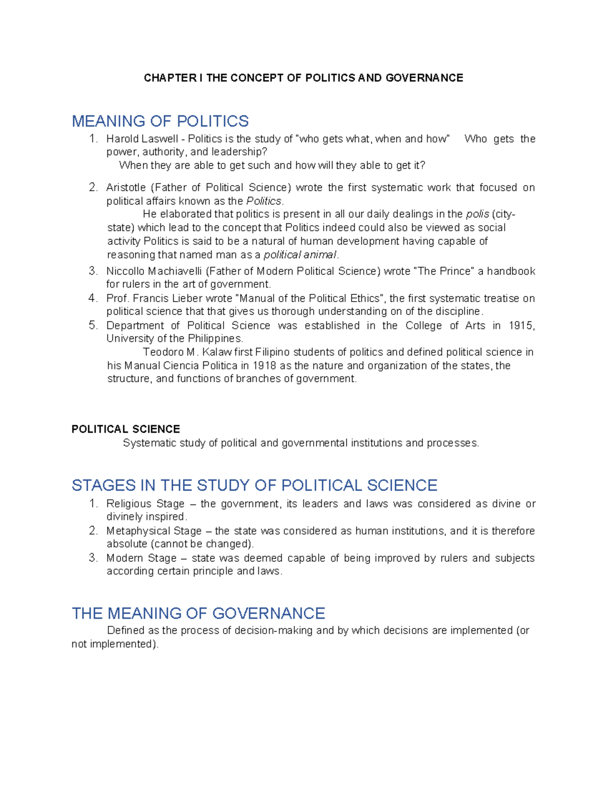 Pol Sci 101: Chapter 1 - Understanding Politics and Governance - Studocu