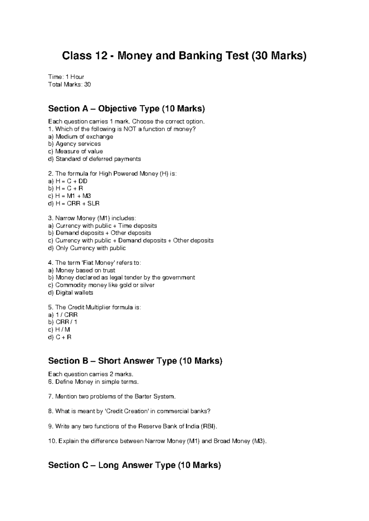 Class 12 Money and Banking Test: Objective, Short & Long Answers - Studocu