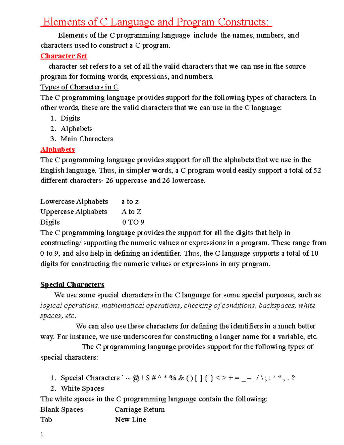 C Unit 1 Part 2: Elements & Constructs of C Programming - Studocu