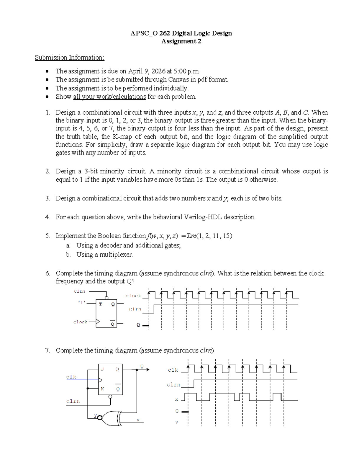 APSC_O 262 Digital Logic Design Assignment 2 Guidelines and Details ...