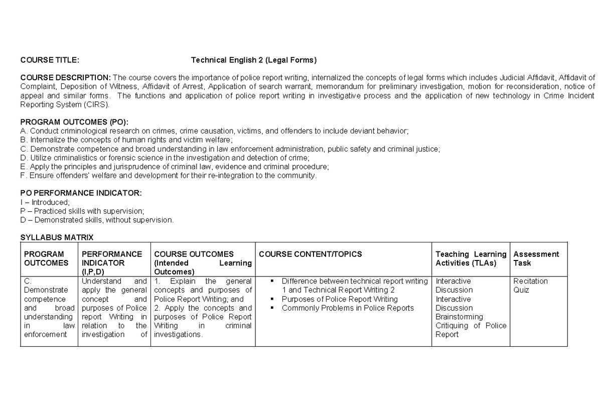 502845056 Technical English 2 Legal Forms & Police Report Writing - Studocu