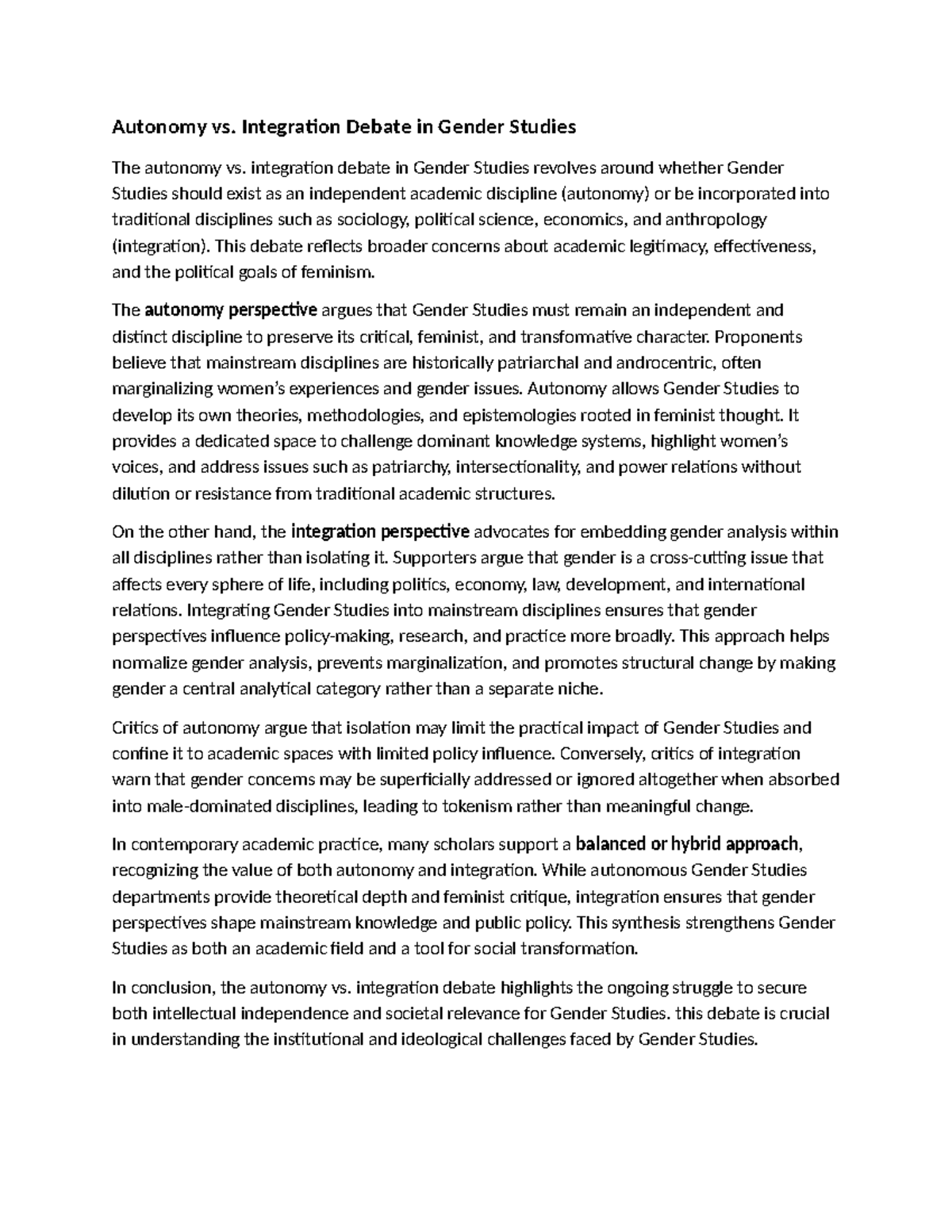 Gender Studies: The Autonomy vs. Integration Debate Analysis - Studocu