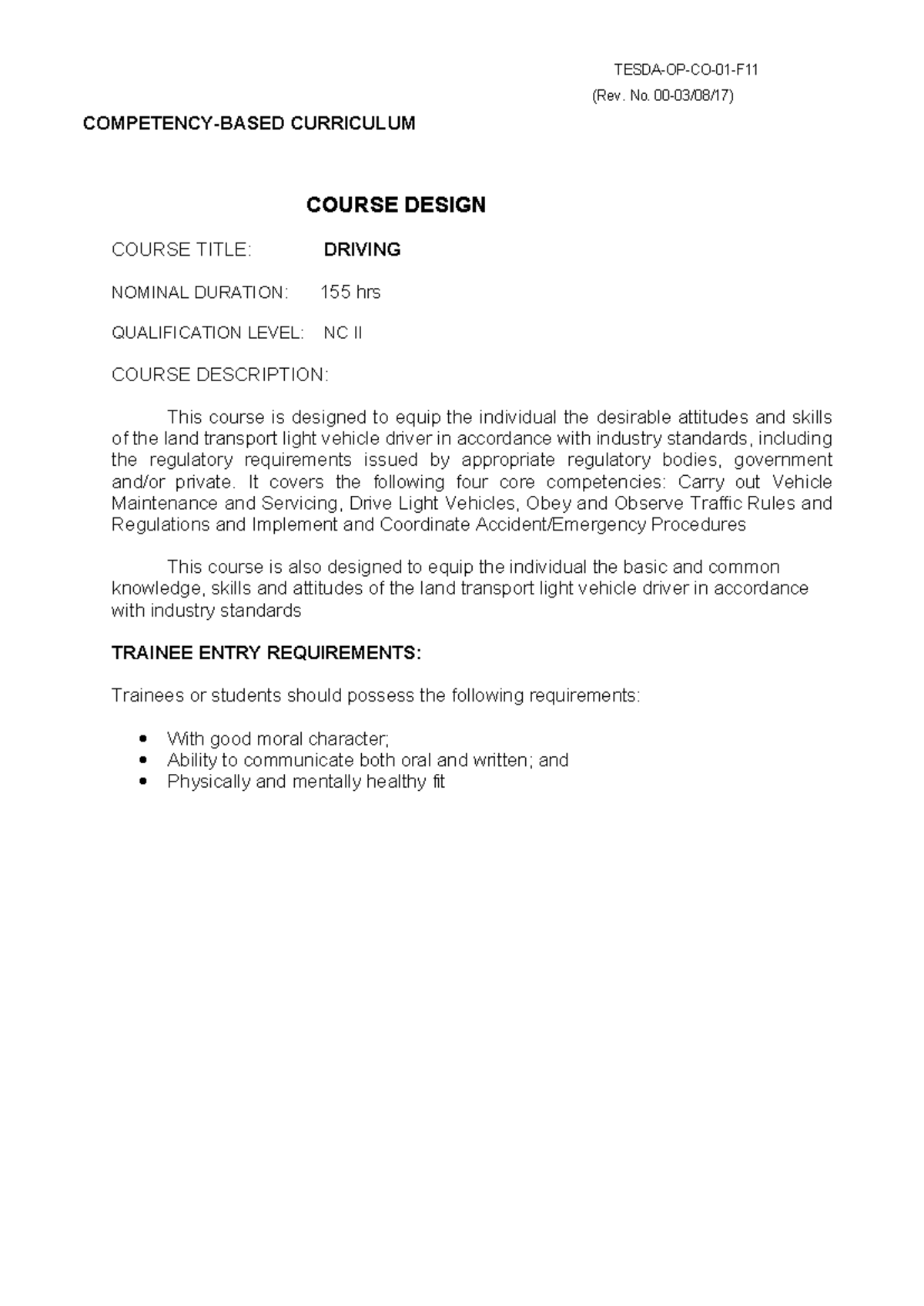 Driving NC II Course Curriculum: Theory and Competencies Overview - Studocu
