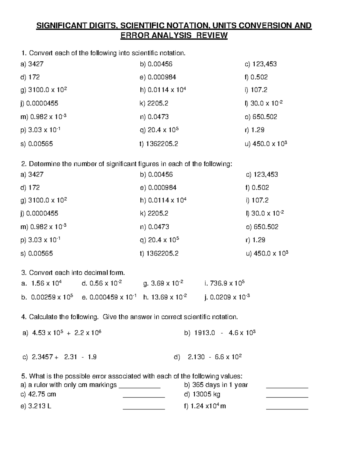 Significant Digits & Scientific Notation Review (Course Code: SCI101 ...