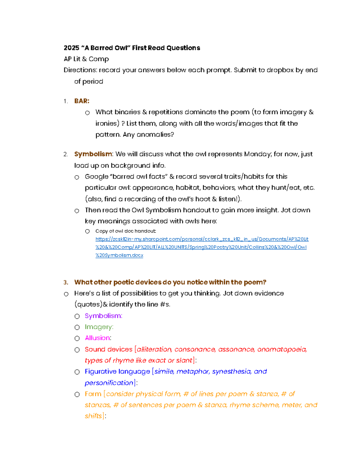 2025 “A Barred Owl” First Read Questions - Submit to dropbox by end of ...