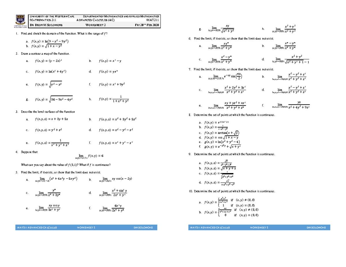 MAT211 Advanced Calculus Worksheet 2 - Limits and Domains Analysis ...