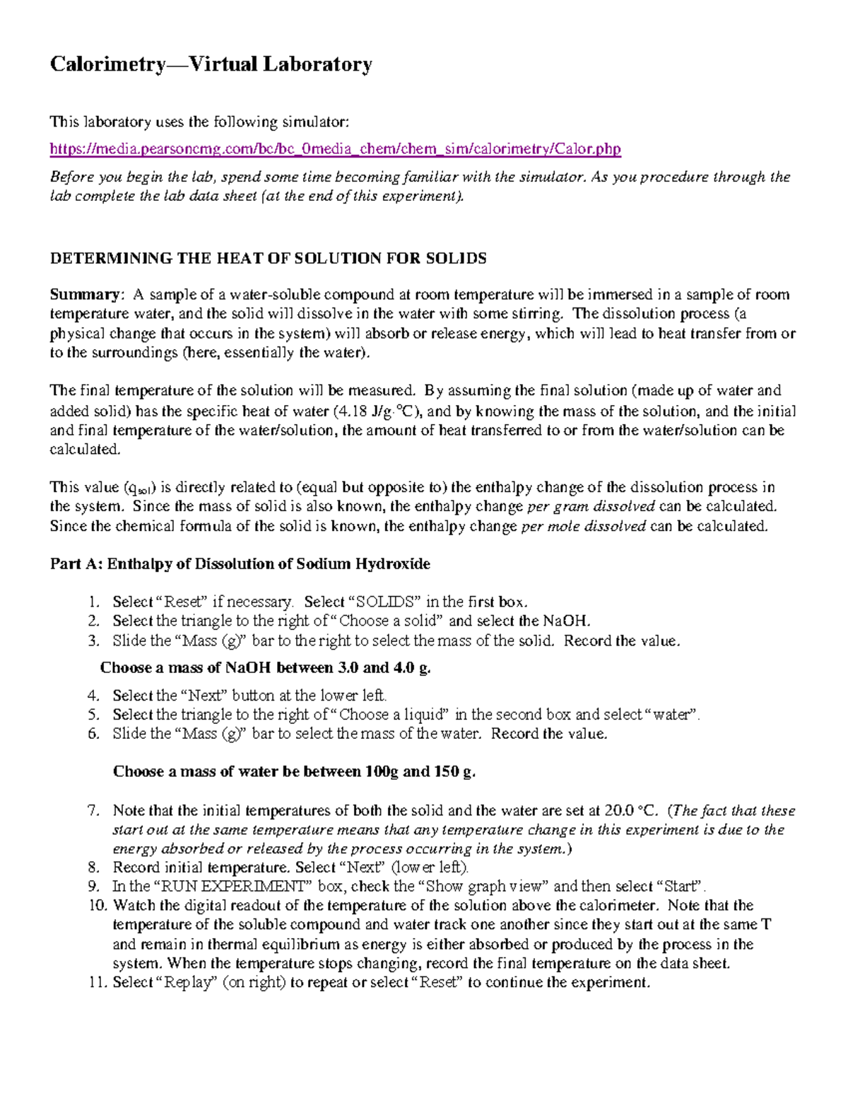Virtual Calorimetry Lab: Heat of Solution & Neutralization Reactions ...