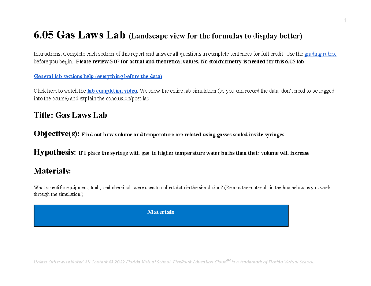 Copy of 6.05 Gas Laws Lab-V22 - 6 Gas Laws Lab (Landscape view for the ...
