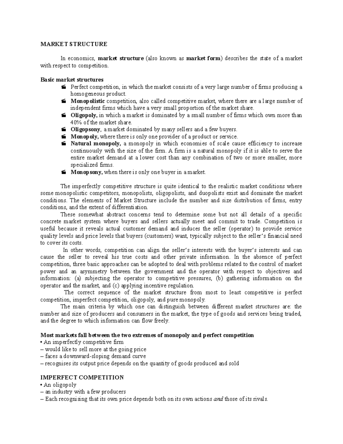 UNIT 3 - Lecture Notes For Reference. - MARKET STRUCTURE In economics ...