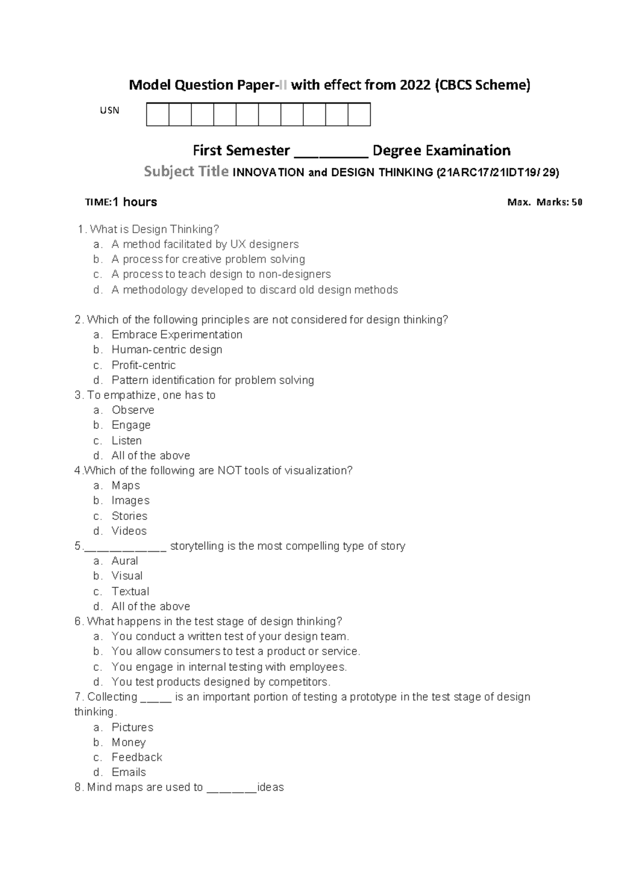 Model Question Paper II: Innovation & Design Thinking (21IDT19) - Studocu