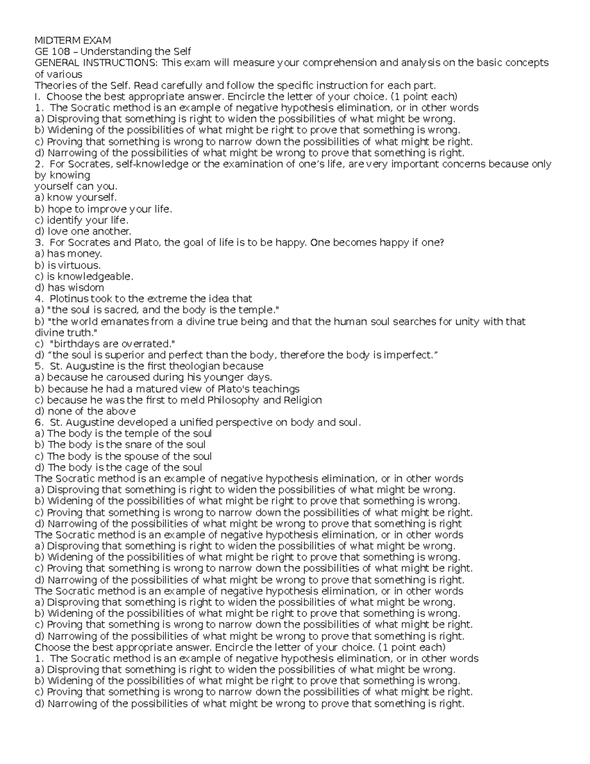 Midterm Exam GE 108 – Understanding the Theories of the Self - Studocu