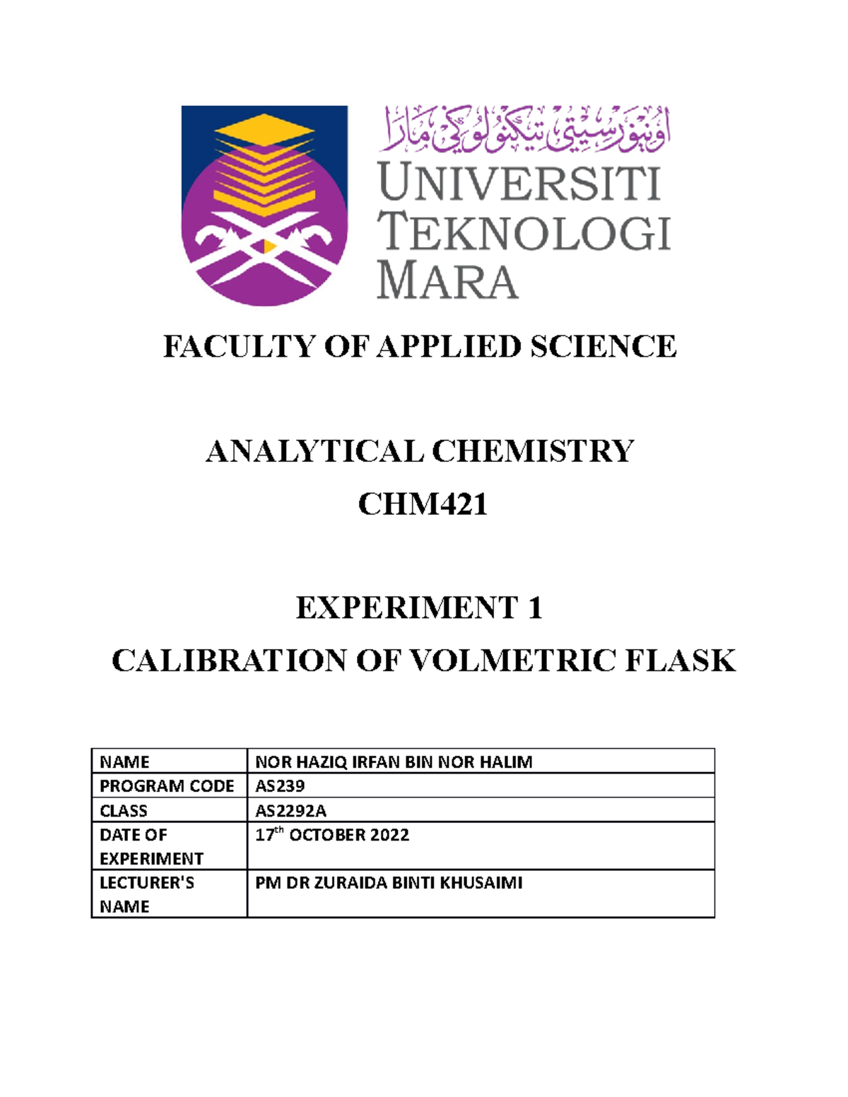 CHM421 - Calibration of Volumetric Flask: Experiment 1 Report - Studocu