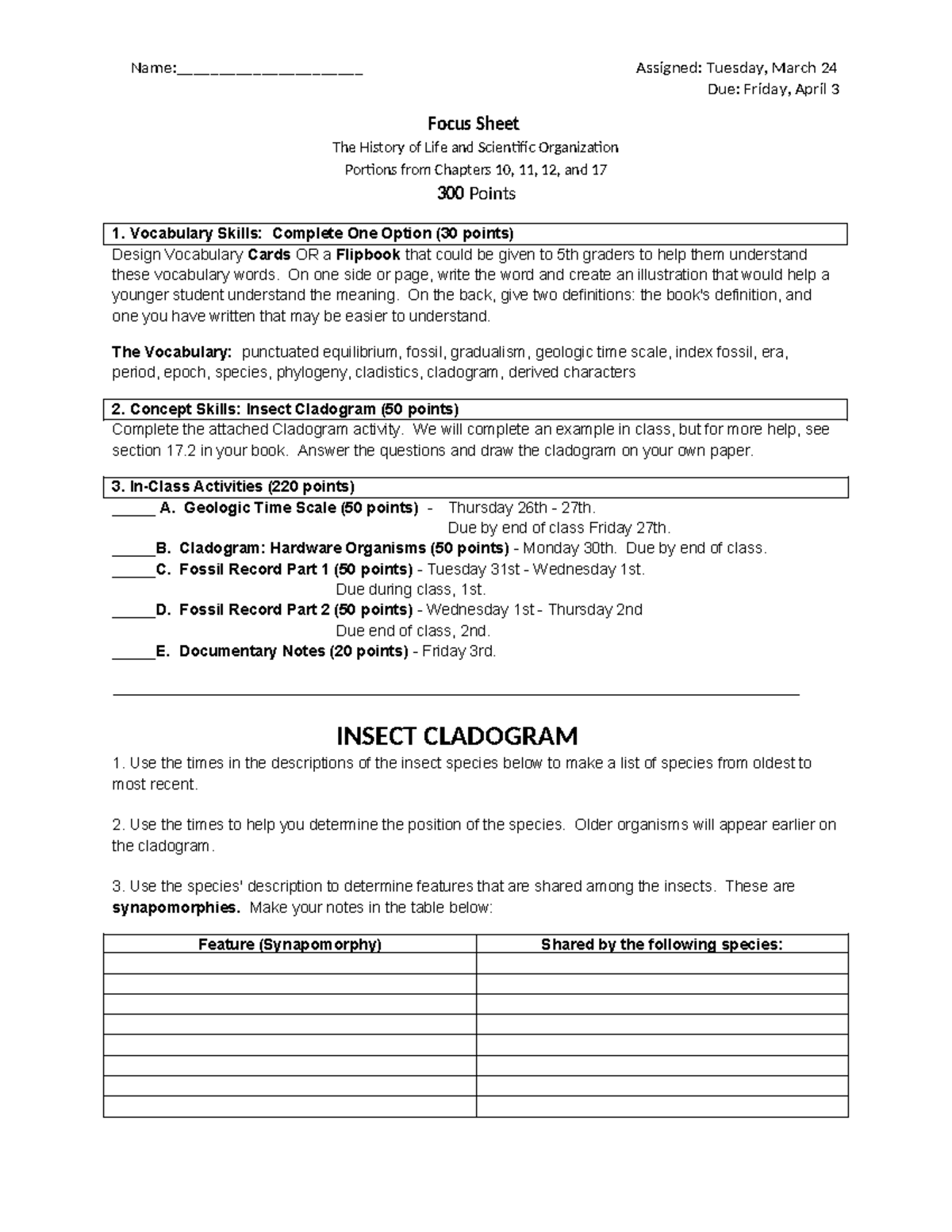 Focus Sheet The Fossil Record Geologic Time Scale and Cladograms - Name