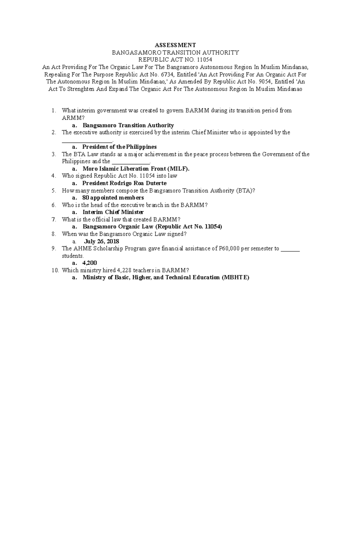 BTA Overview: Bangsamoro Transition Authority & Republic Act No. 11054 ...