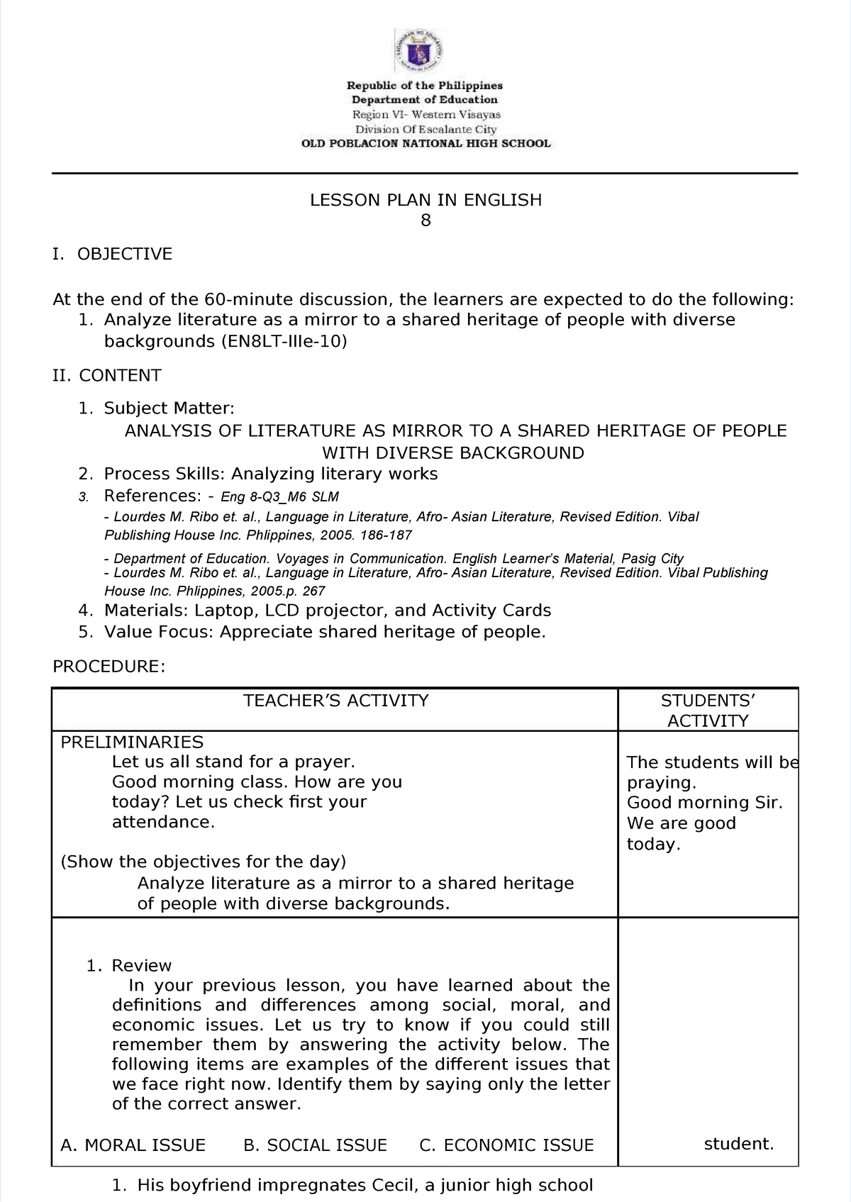 EN8LT-IIIe-10: Analyzing Literature as a Mirror of Cultural Heritage ...