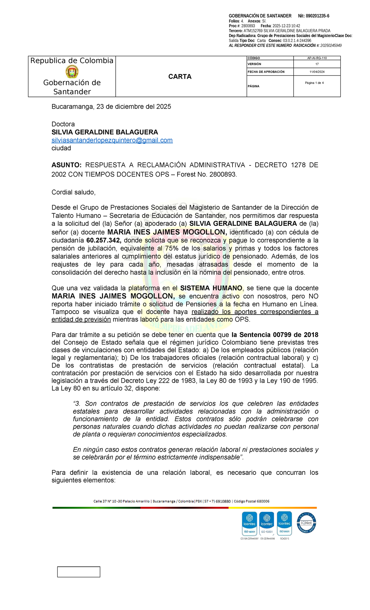 Carta Respuesta a Reclamación Administrativa - Proc 2800893 - Studocu