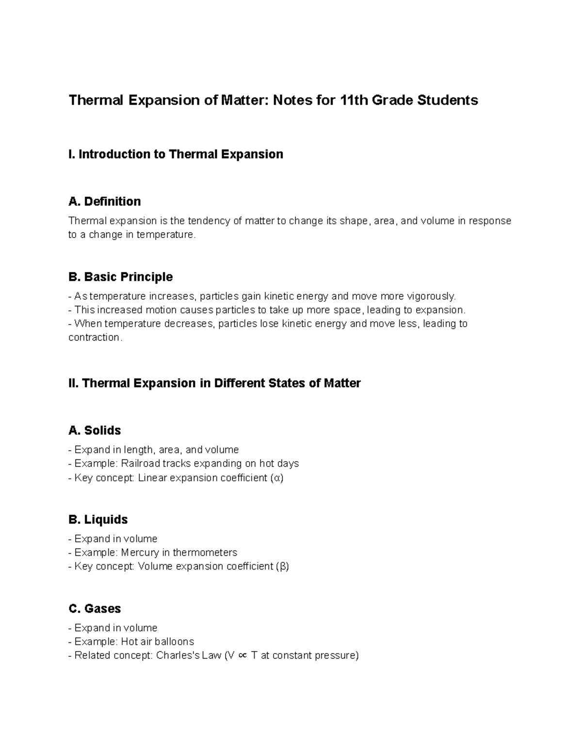 Thermal Expansion of Matter: Notes for 11th Grade Students - Studocu