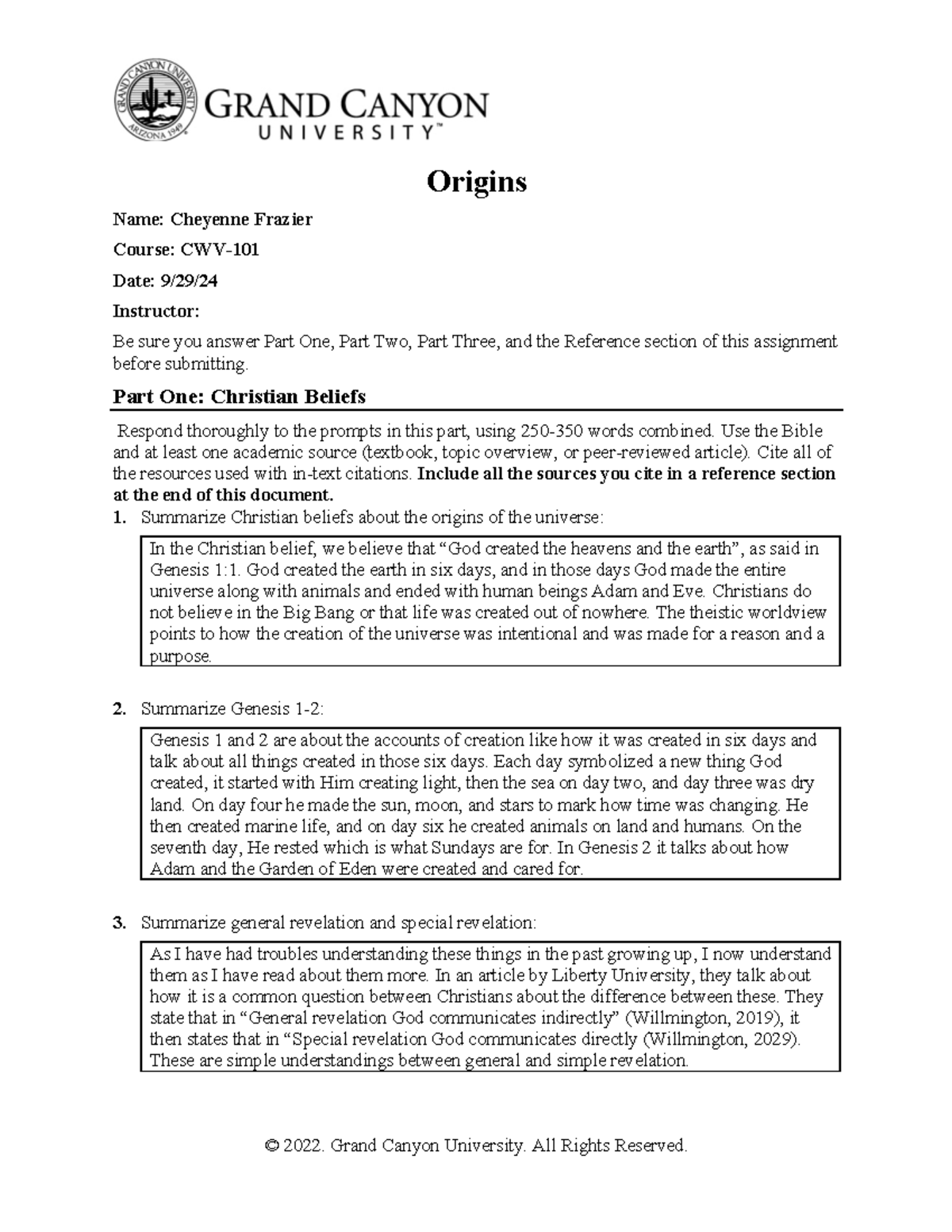 CWV-101 Origins - online assignment - © 2022. Grand Canyon University ...