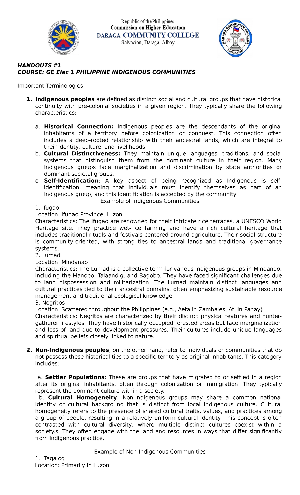 Handouts 1 Philippine Indigenous Communities - HANDOUTS COURSE: GE Elec ...