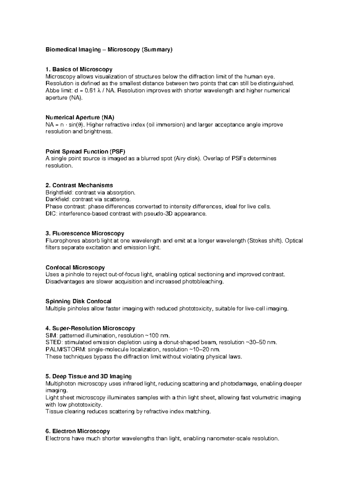 Biomedical Imaging Microscopy (SV) - Key Concepts and Techniques - Studocu