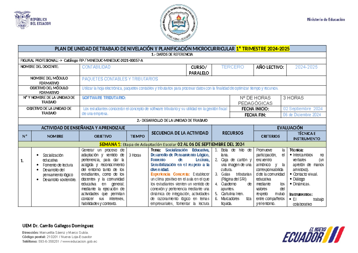 Plan de Unidad de Trabajo: Paquetes Contables 3RO - 1er Trimestre - Studocu