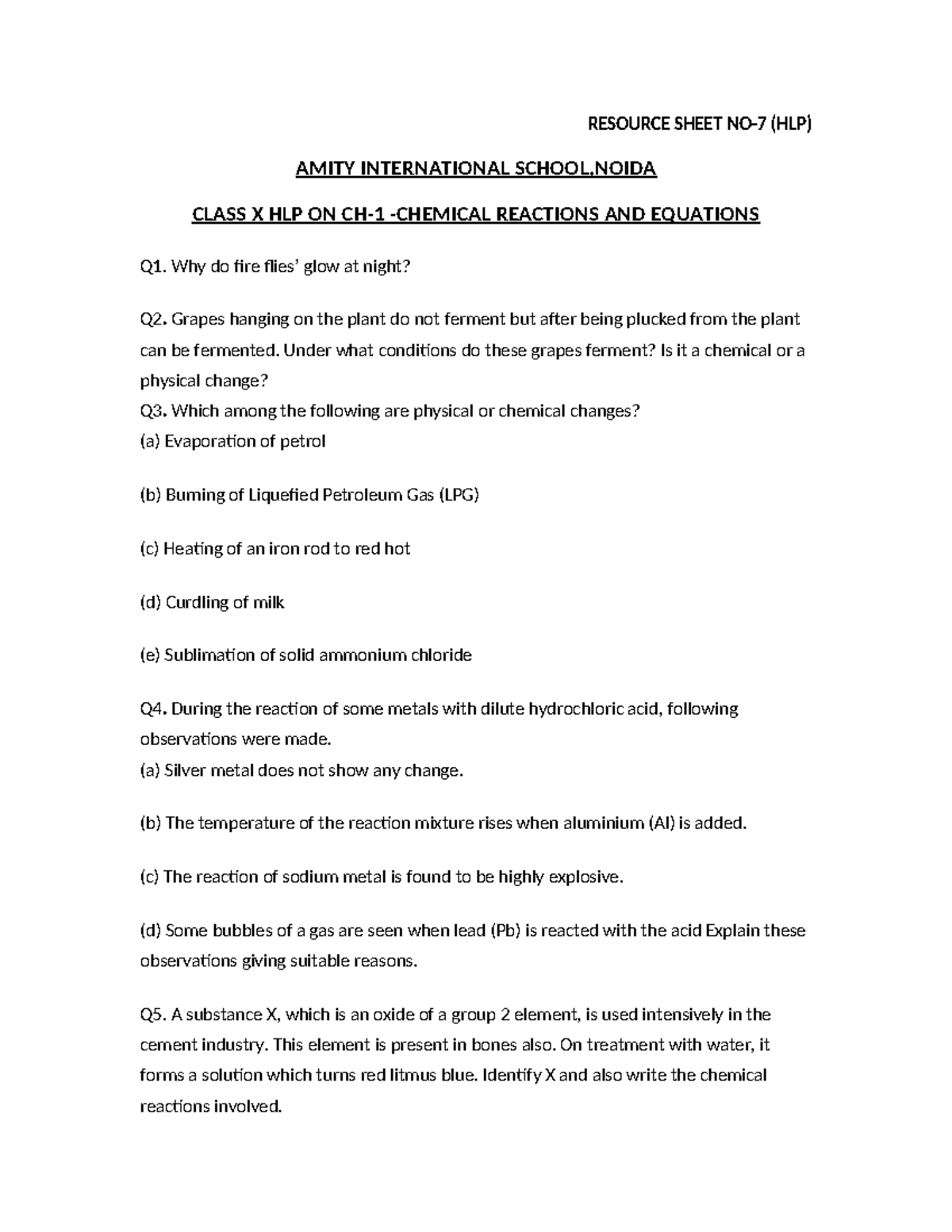 HLP Class X Resource Sheet: Reactions & Equations Q&A - Studocu