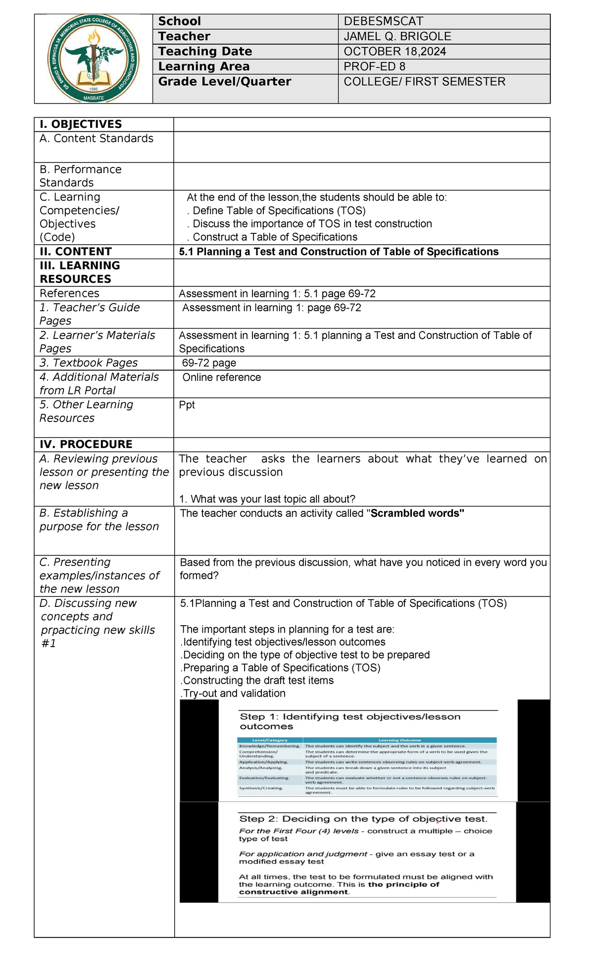 DLL- Format - agg - School DEBESMSCAT Teacher JAMEL Q. BRIGOLE Teaching ...