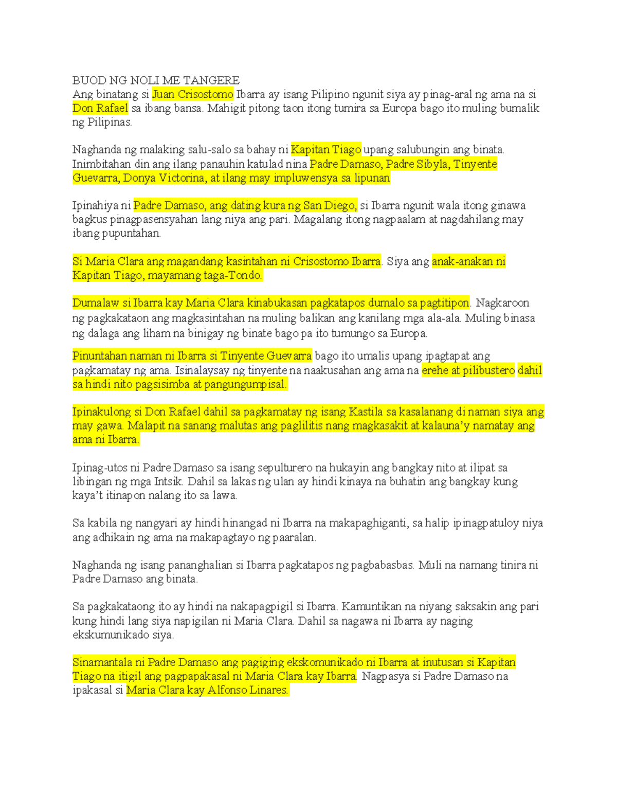 BUOD NG NOLI ME TANGERE - Filipino Literature Summary - Studocu