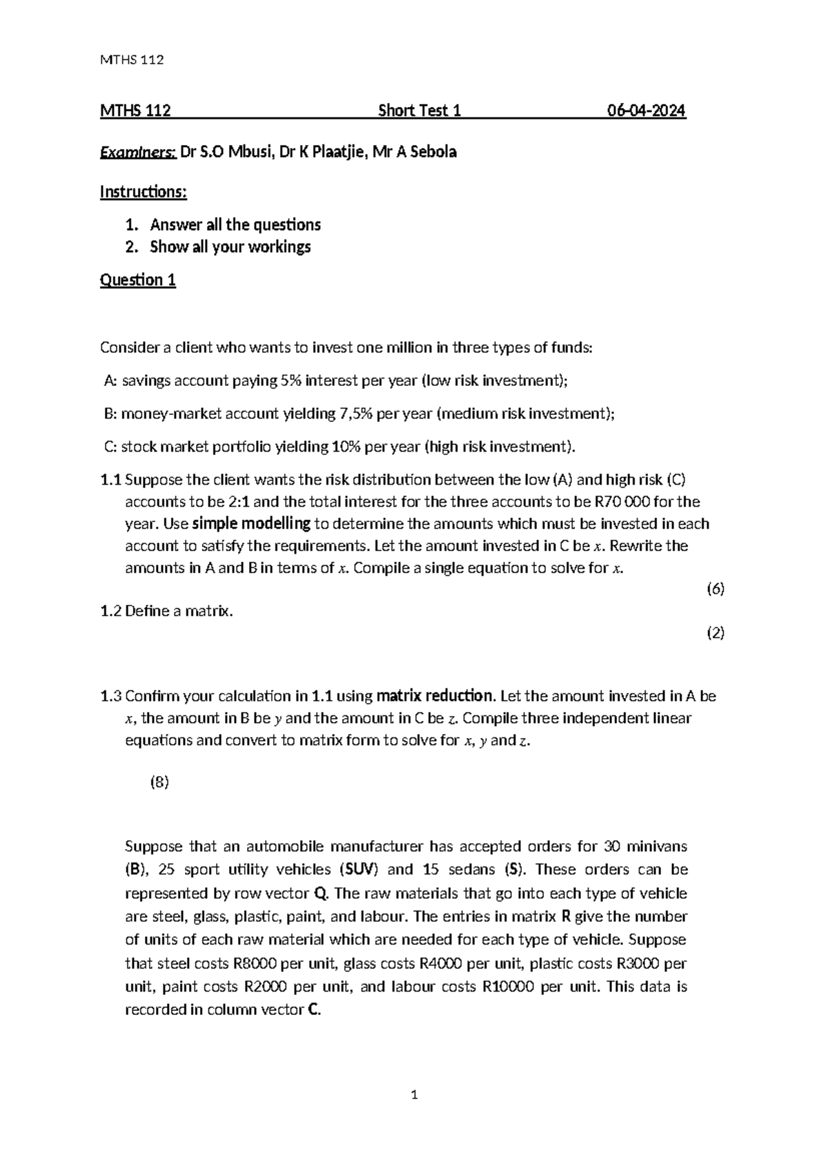 MTHS 112 Test 1 2024 - Past Paper with Questions and Solutions - Studocu
