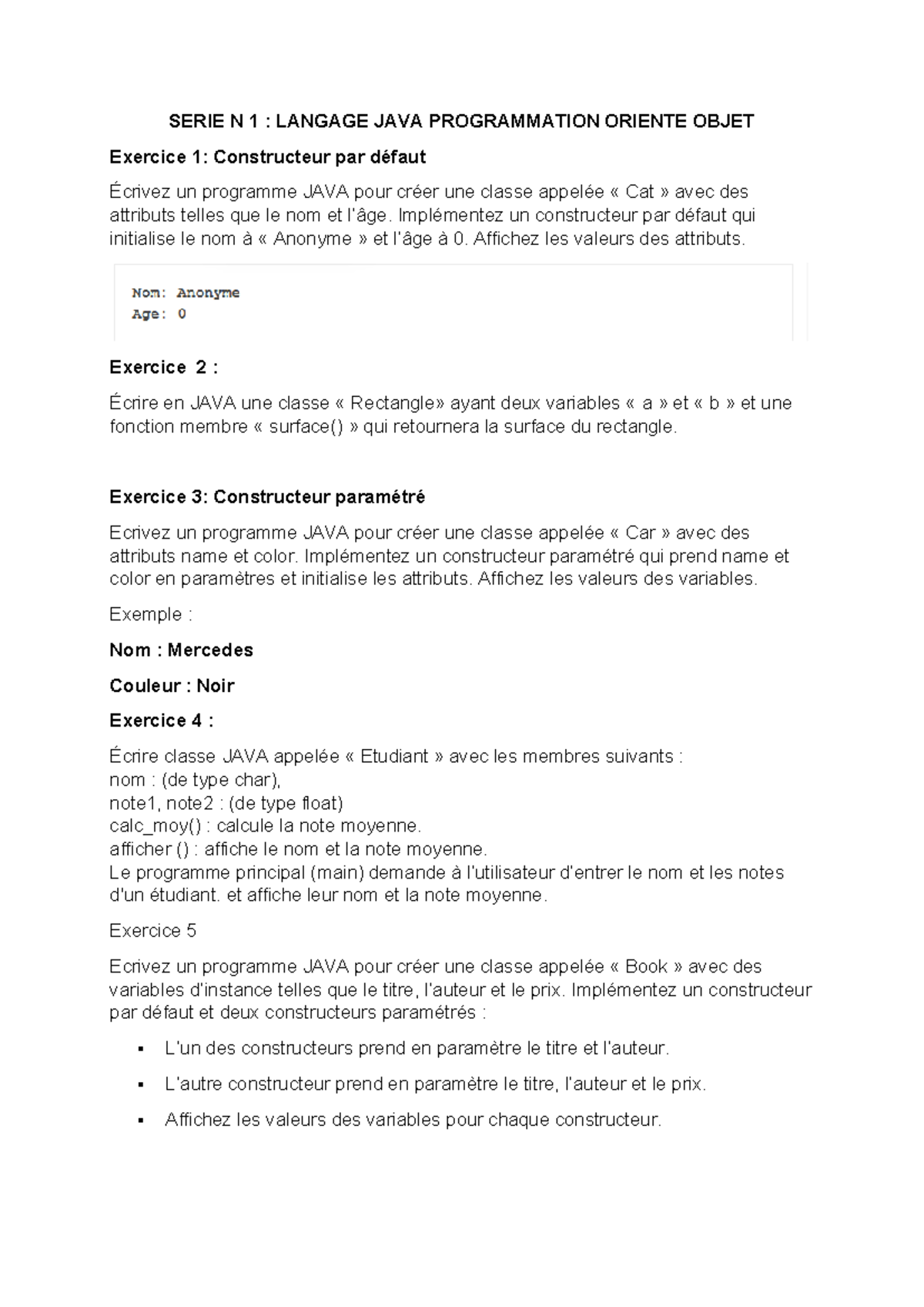 Série N 1 : Exercices de Programmation Orientée Objet en JAVA - Studocu