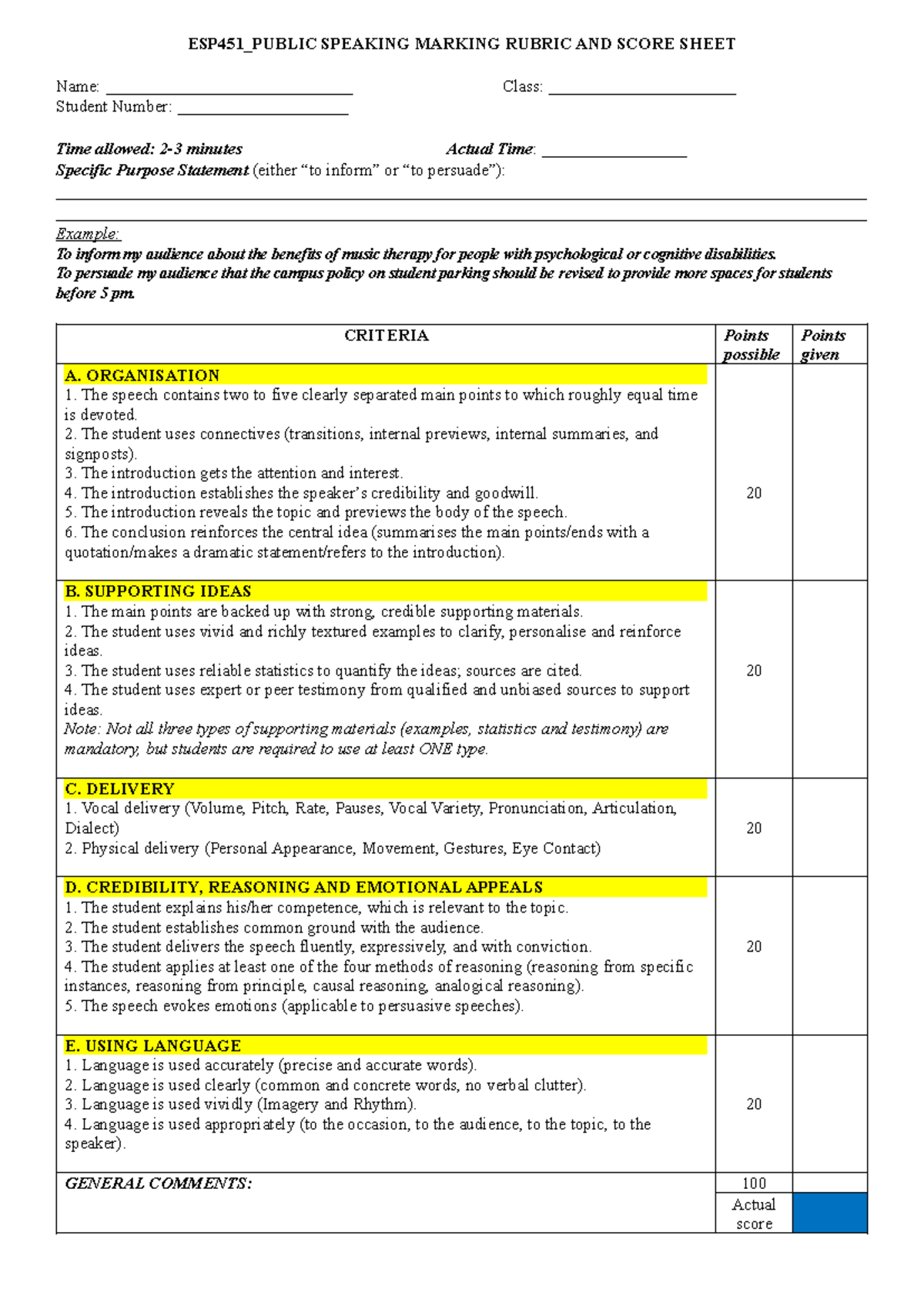 ESP451 Public Speaking Marking Rubric & Score Sheet - Studocu