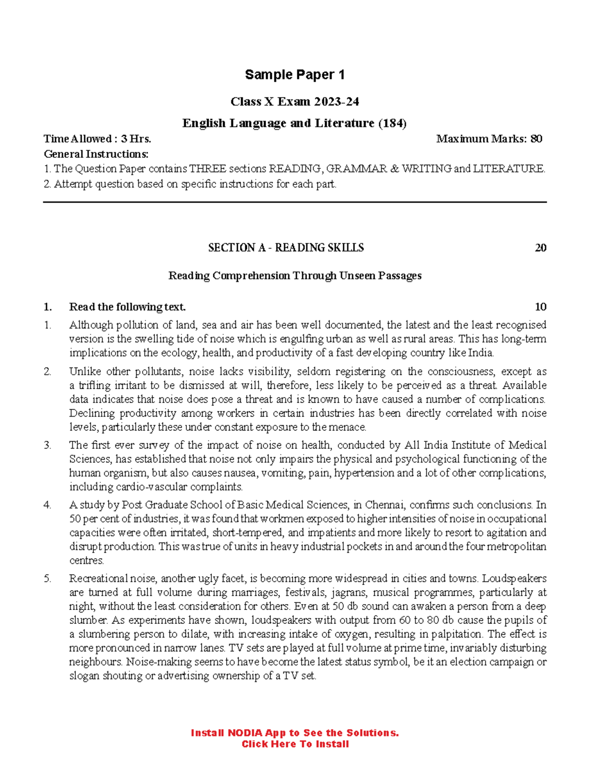 CBSE Class 10 English Sample Paper 2023: Language & Literature Exam ...